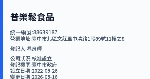 普樂鬆食品的照片-統編 88639187(臺中市) 公司登記資料與營業項目詳細圖表