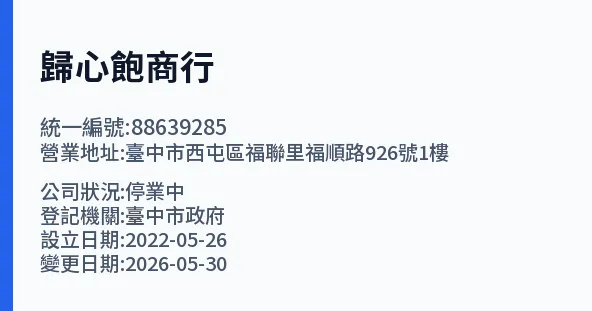 歸心飽商行的照片-統編 88639285(臺中市) 公司登記資料與營業項目詳細圖表