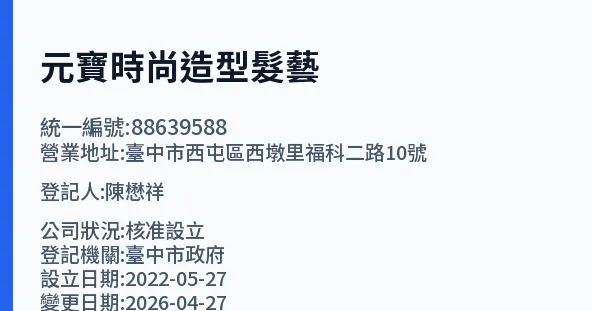 元寶時尚造型髮藝的照片-統編 88639588(臺中市) 公司登記資料與營業項目詳細圖表