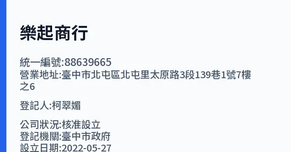 樂起商行的照片-統編 88639665(臺中市) 公司登記資料與營業項目詳細圖表
