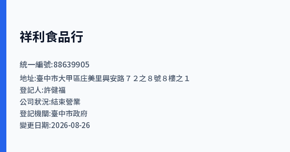 祥利食品行的照片-統編 88639905(臺中市) 公司登記資料與營業項目詳細圖表