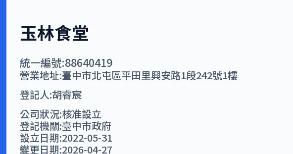 玉林食堂的照片-統編 88640419(臺中市) 公司登記資料與營業項目詳細圖表