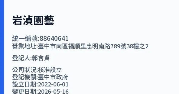 岩湞園藝的照片-統編 88640641(臺中市) 公司登記資料與營業項目詳細圖表