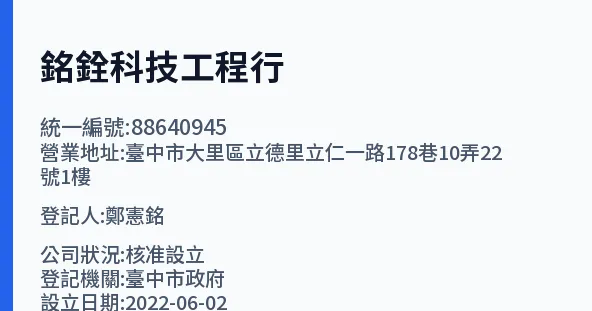 銘銓科技工程行的照片-統編 88640945(臺中市) 公司登記資料與營業項目詳細圖表