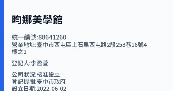 昀娜美學館的照片-統編 88641260(臺中市) 公司登記資料與營業項目詳細圖表