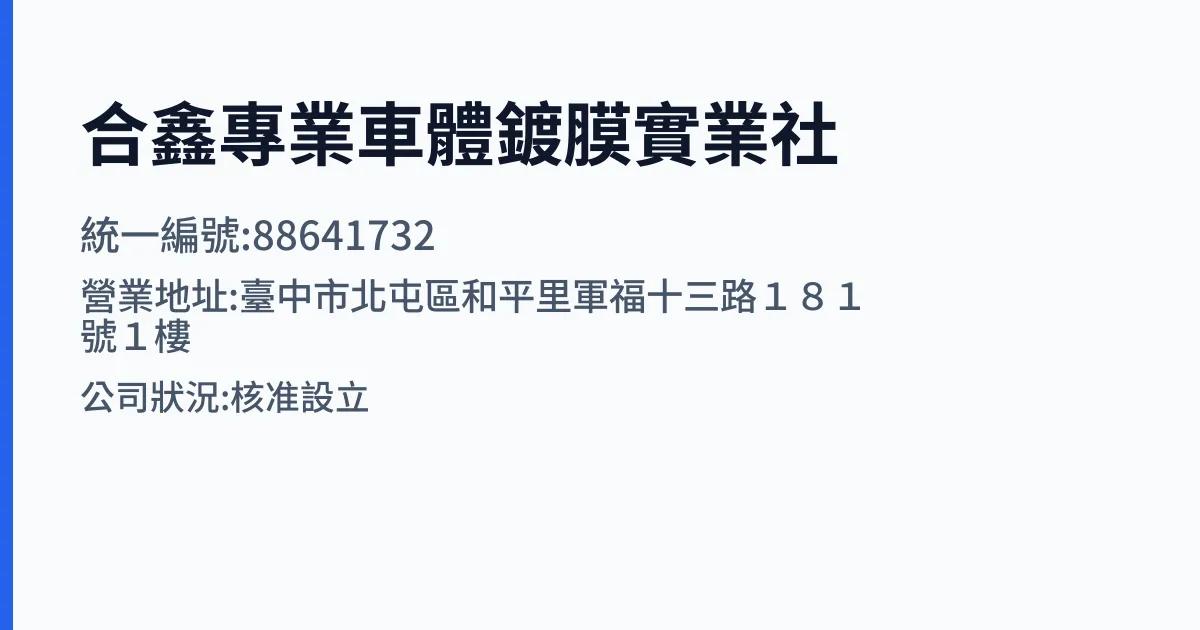 合鑫專業車體鍍膜實業社 - 統編 88641732（臺中市） 公司登記資料與營業項目詳細圖表