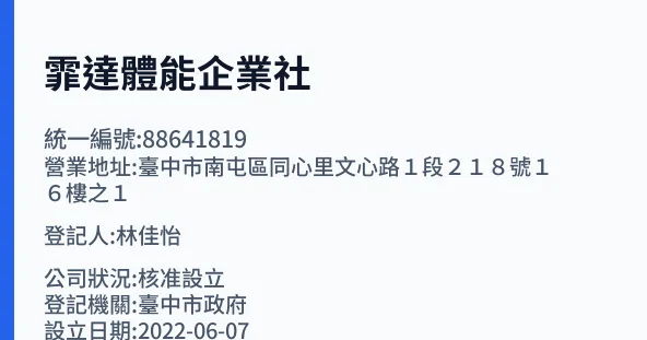霏達體能企業社的照片-統編 88641819(臺中市) 公司登記資料與營業項目詳細圖表