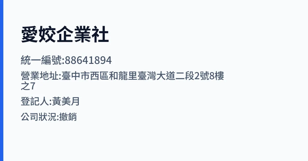 愛姣企業社 - 統編 88641894(彰化縣) 公司登記資料與營業項目詳細圖表