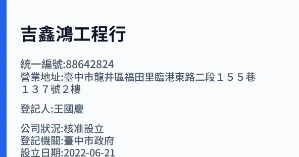 吉鑫鴻工程行的照片-統編 88642824(臺中市) 公司登記資料與營業項目詳細圖表