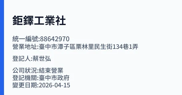 鉅鐸工業社的照片-統編 88642970(臺中市) 公司登記資料與營業項目詳細圖表