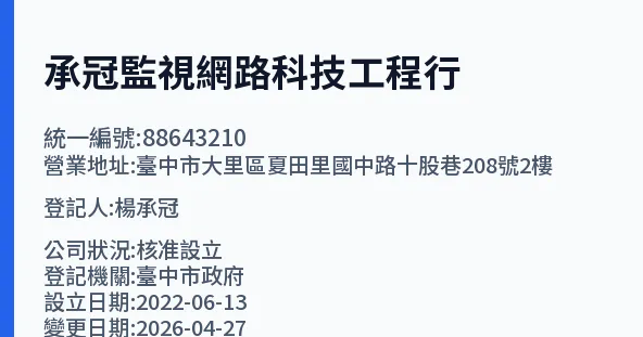承冠監視網路科技工程行的照片-統編 88643210(臺中市) 公司登記資料與營業項目詳細圖表