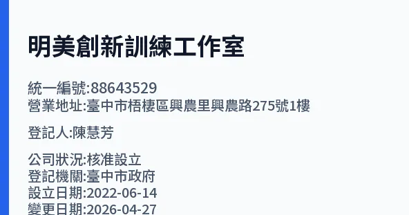 明美創新訓練工作室的照片-統編 88643529(臺中市) 公司登記資料與營業項目詳細圖表