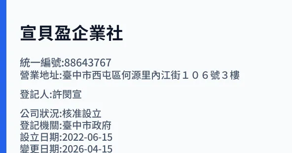 宣貝盈企業社的照片-統編 88643767(臺中市) 公司登記資料與營業項目詳細圖表