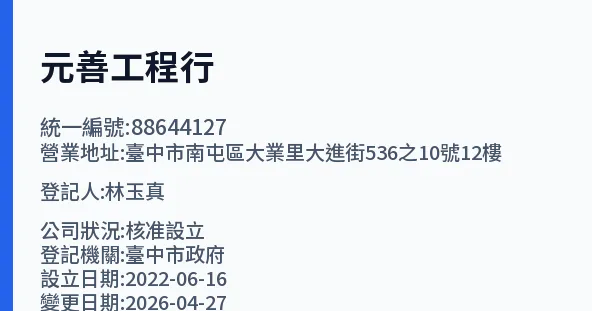 元善工程行的照片-統編 88644127(臺中市) 公司登記資料與營業項目詳細圖表