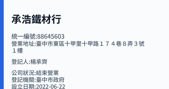 承浩鐵材行的照片-統編 88645603(臺中市) 公司登記資料與營業項目詳細圖表