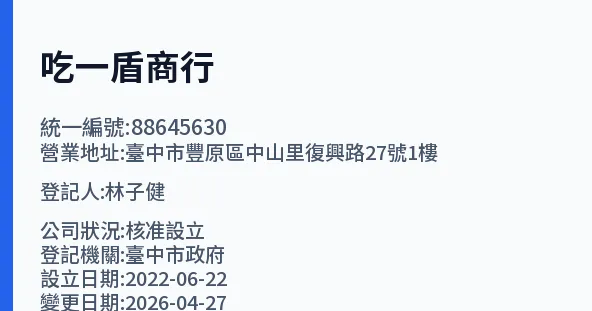 吃一盾商行的照片-統編 88645630(臺中市) 公司登記資料與營業項目詳細圖表
