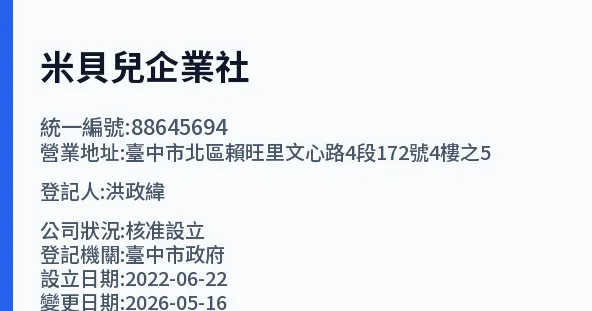 米貝兒企業社的照片-統編 88645694(臺中市) 公司登記資料與營業項目詳細圖表