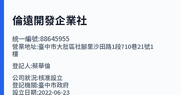 倫遠開發企業社的照片-統編 88645955(臺中市) 公司登記資料與營業項目詳細圖表