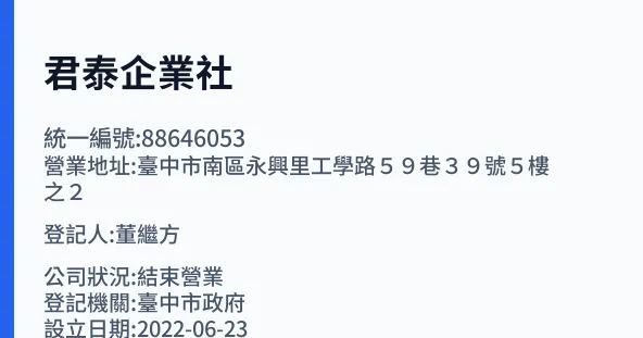 君泰企業社的照片-統編 88646053(臺中市) 公司登記資料與營業項目詳細圖表