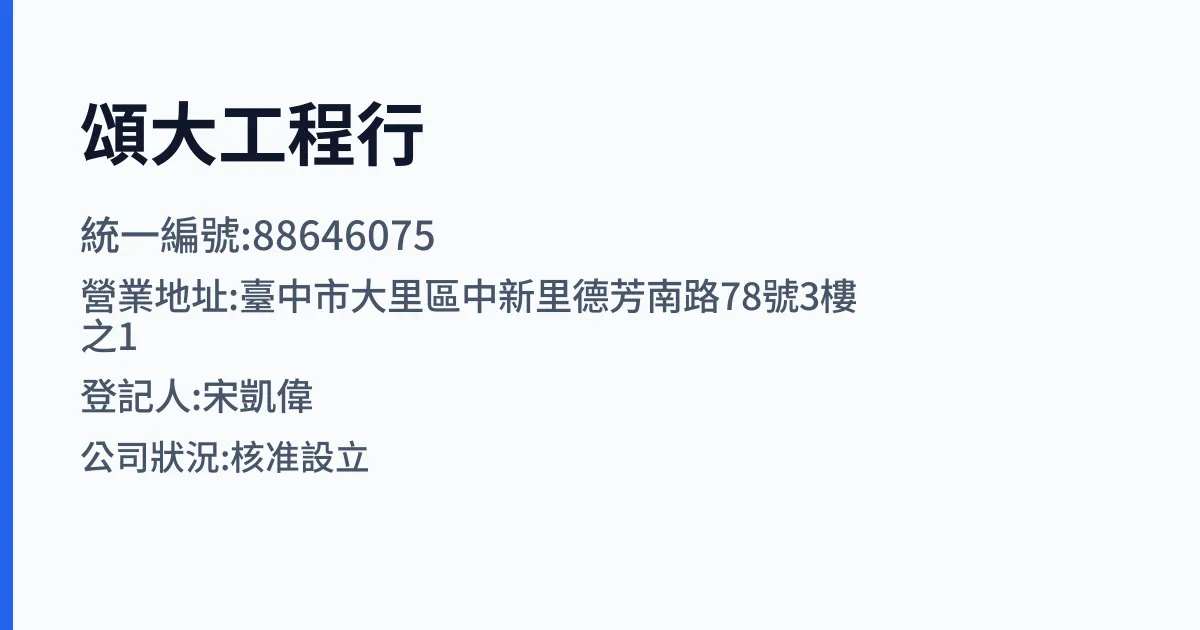頌大工程行 - 統編 88646075(臺中市) 公司登記資料與營業項目詳細圖表