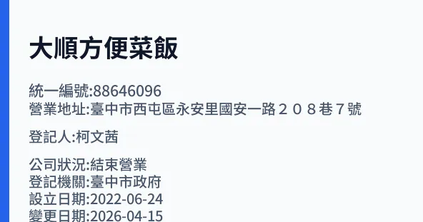 大順方便菜飯的照片-統編 88646096(臺中市) 公司登記資料與營業項目詳細圖表