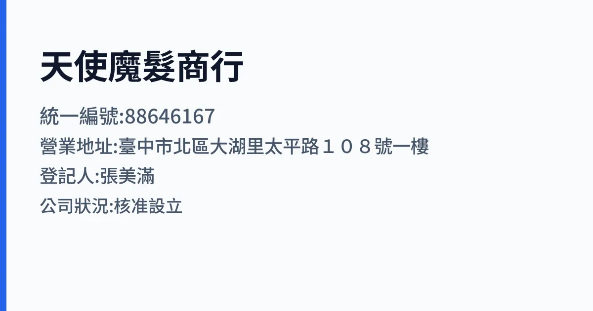 天使魔髮商行 - 統編 88646167(臺中市) 公司登記資料與營業項目詳細圖表