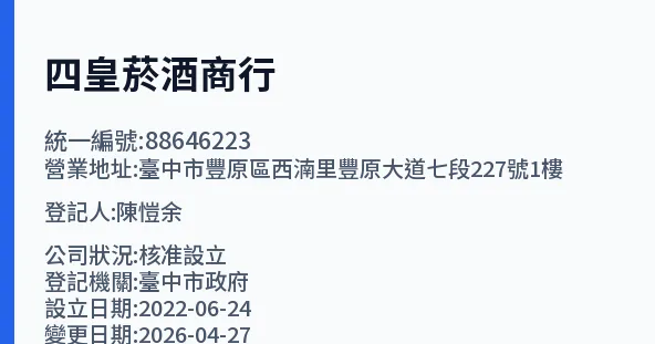 四皇菸酒商行的照片-統編 88646223(臺中市) 公司登記資料與營業項目詳細圖表