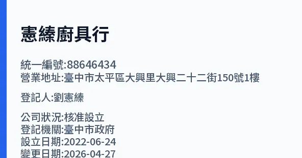 憲縥廚具行的照片-統編 88646434(臺中市) 公司登記資料與營業項目詳細圖表