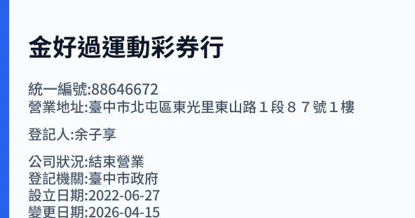 金好過運動彩券行的照片-統編 88646672(臺中市) 公司登記資料與營業項目詳細圖表