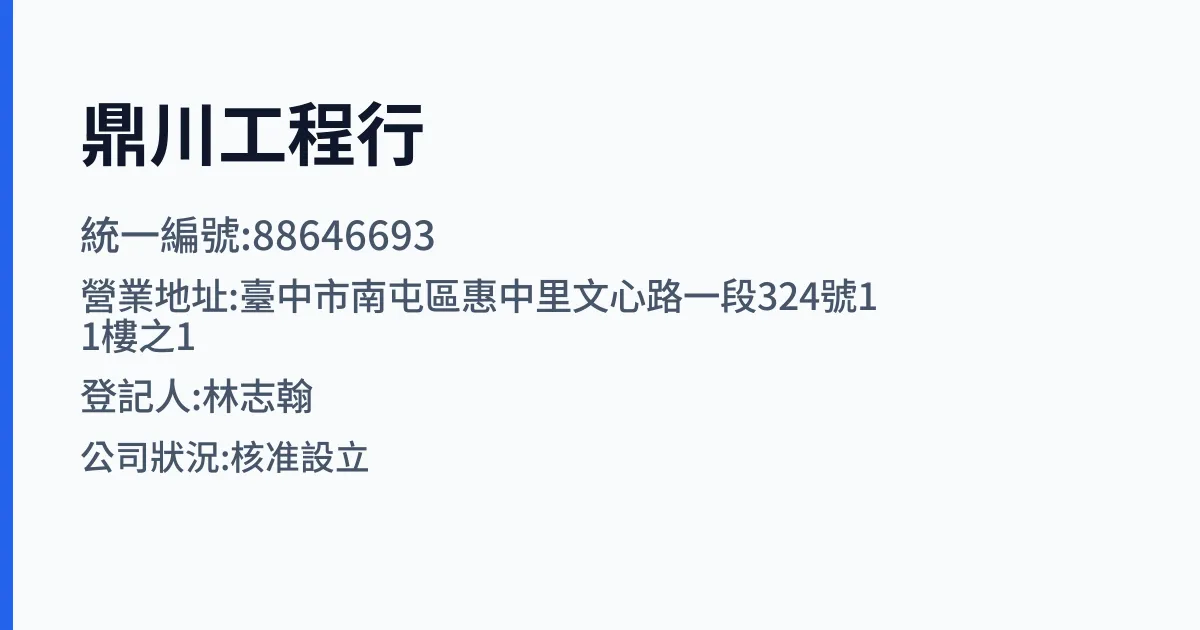 鼎川工程行 - 統編 88646693(臺中市) 公司登記資料與營業項目詳細圖表