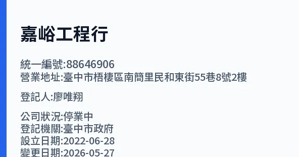 嘉峪工程行的照片-統編 88646906(臺中市) 公司登記資料與營業項目詳細圖表
