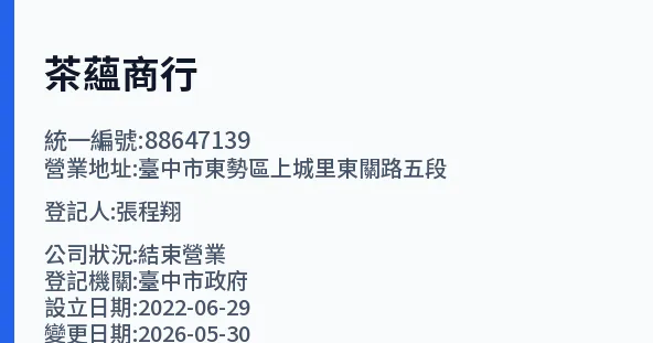 茶蘊商行的照片-統編 88647139(臺中市) 公司登記資料與營業項目詳細圖表