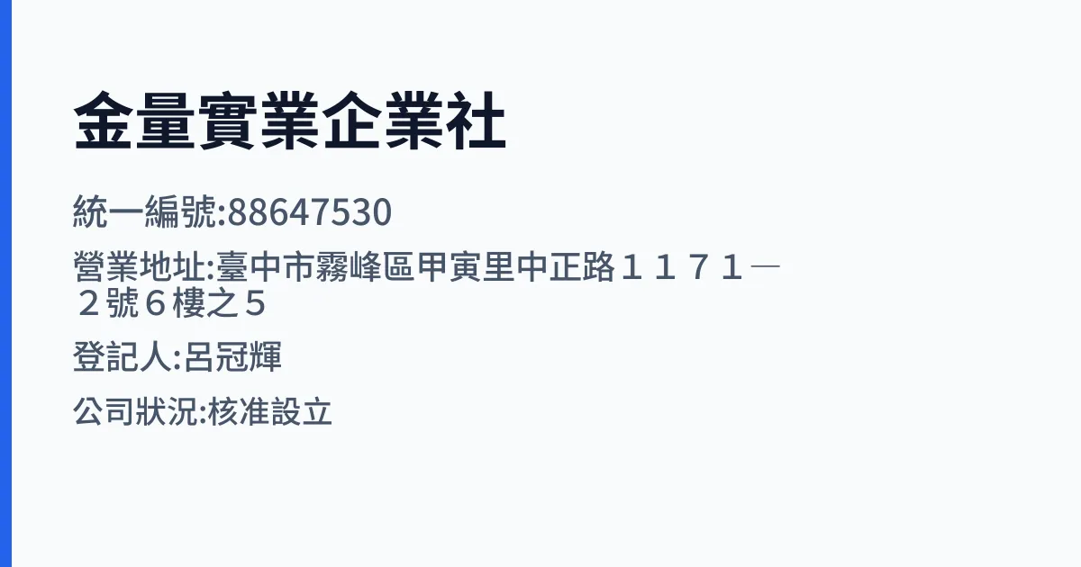 金量實業企業社 - 統編 88647530(臺中市) 公司登記資料與營業項目詳細圖表