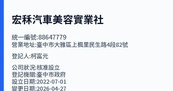 宏秝汽車美容實業社的照片-統編 88647779(臺中市) 公司登記資料與營業項目詳細圖表