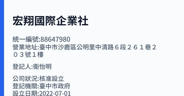 宏翔國際企業社的照片-統編 88647980(臺中市) 公司登記資料與營業項目詳細圖表