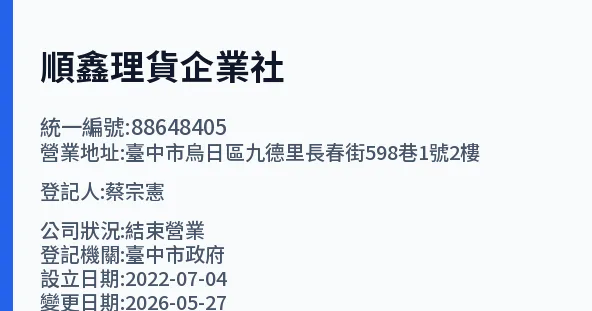 順鑫理貨企業社的照片-統編 88648405(臺中市) 公司登記資料與營業項目詳細圖表