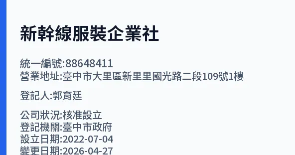 新幹線服裝企業社的照片-統編 88648411(臺中市) 公司登記資料與營業項目詳細圖表