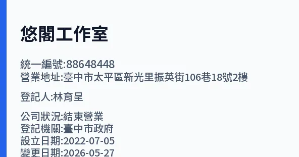 悠閣工作室的照片-統編 88648448(臺中市) 公司登記資料與營業項目詳細圖表