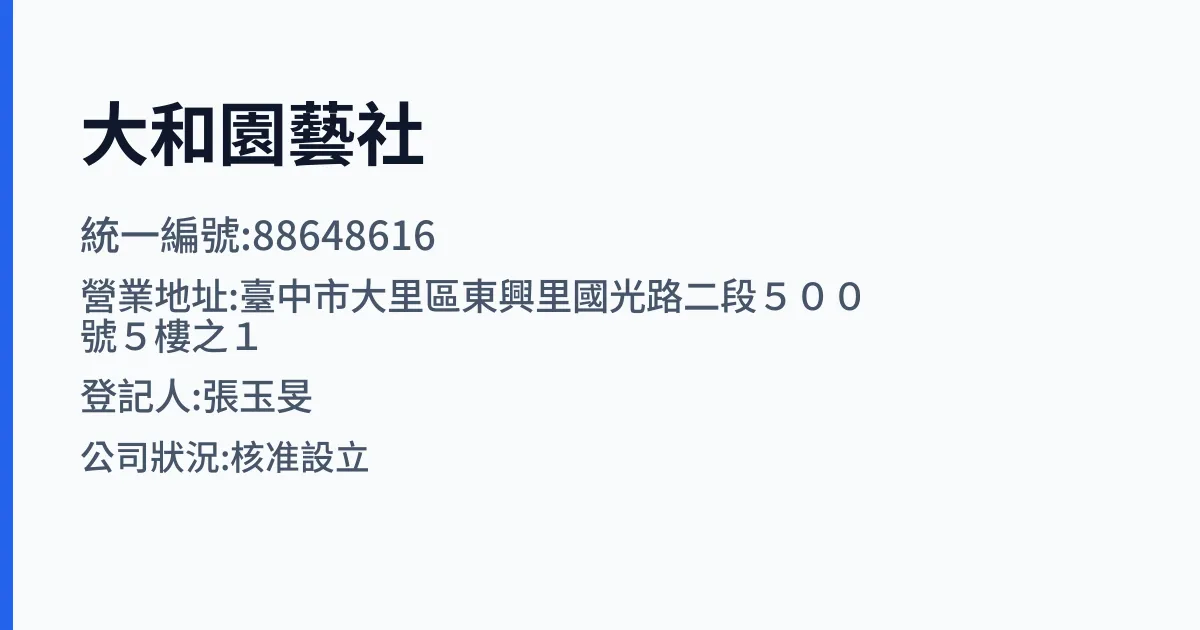 大和園藝社 - 統編 88648616(臺中市) 公司登記資料與營業項目詳細圖表