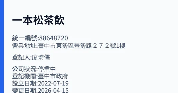 一本松茶飲的照片-統編 88648720(臺中市) 公司登記資料與營業項目詳細圖表