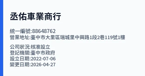 丞佑車業商行的照片-統編 88648762(臺中市) 公司登記資料與營業項目詳細圖表