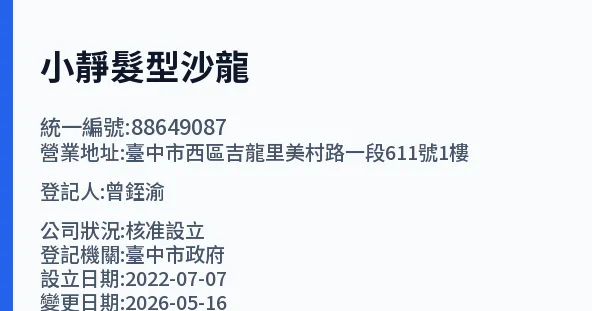 小靜髮型沙龍的照片-統編 88649087(臺中市) 公司登記資料與營業項目詳細圖表