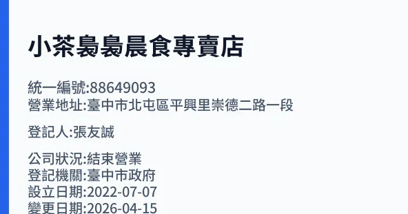 小茶裊裊晨食專賣店的照片-統編 88649093(臺中市) 公司登記資料與營業項目詳細圖表