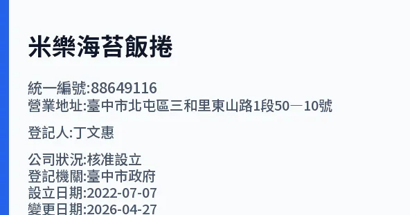 米樂海苔飯捲的照片-統編 88649116(臺中市) 公司登記資料與營業項目詳細圖表
