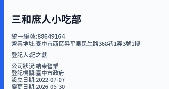 三和庶人小吃部的照片-統編 88649164(臺中市) 公司登記資料與營業項目詳細圖表