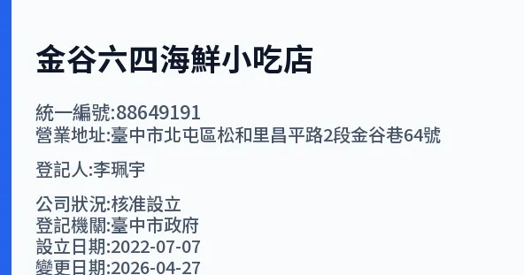 金谷六四海鮮小吃店的照片-統編 88649191(臺中市) 公司登記資料與營業項目詳細圖表