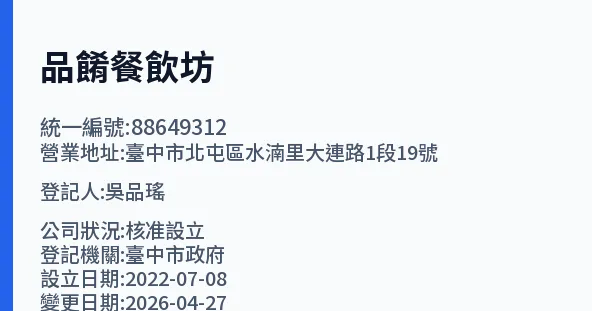 品餚餐飲坊的照片-統編 88649312(臺中市) 公司登記資料與營業項目詳細圖表