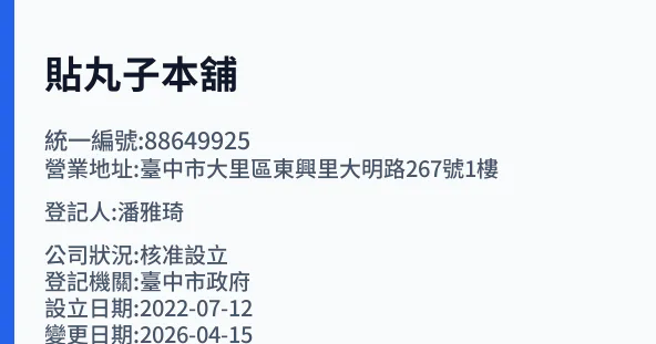 貼丸子本舖的照片-統編 88649925(臺中市) 公司登記資料與營業項目詳細圖表