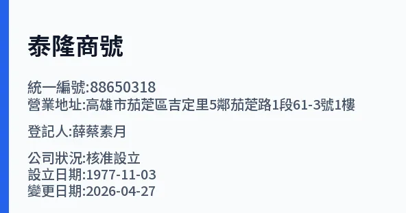 泰隆商號的照片-統編 88650318(高雄市) 公司登記資料與營業項目詳細圖表