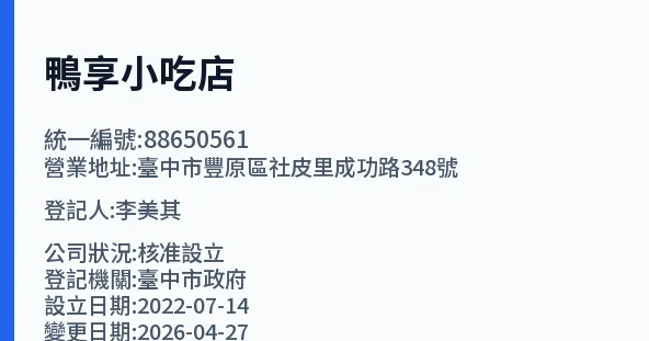 鴨享小吃店的照片-統編 88650561(臺中市) 公司登記資料與營業項目詳細圖表
